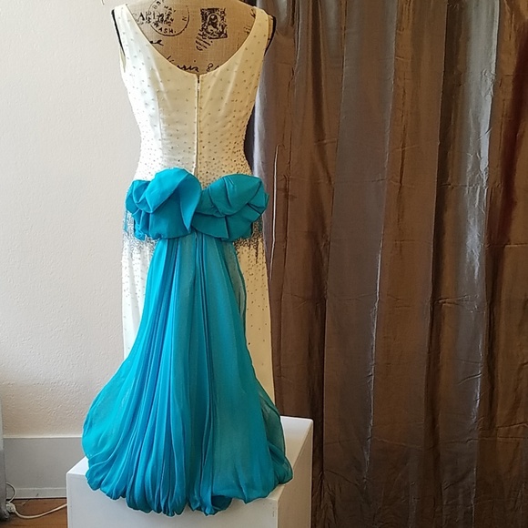 Dresses | Vintage Ivory Aqua Couture Sumptuous Beaded Gown | Poshmark